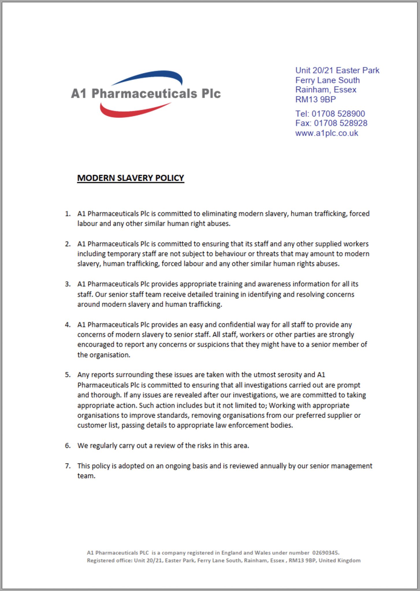 Modern Slavery Statement - A1 Pharmaceuticals PLC